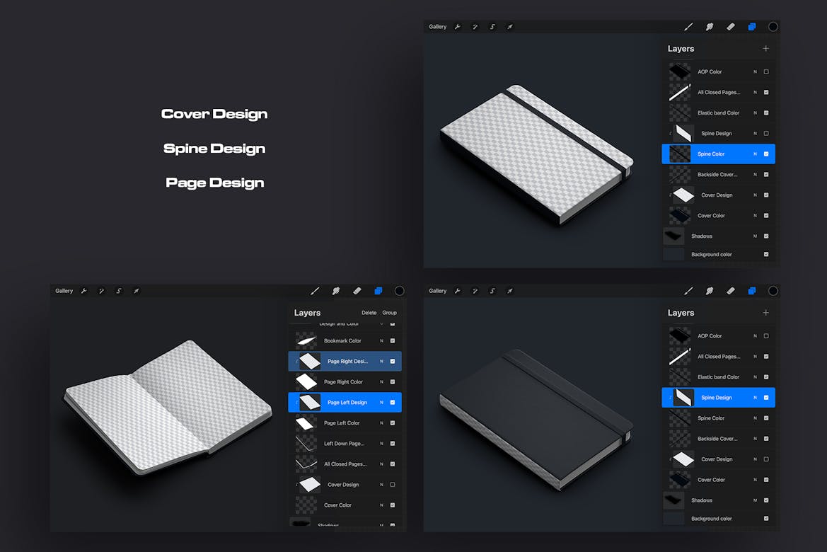 6 Mockups of Classic Notebook with Band and Hard Cover for Procreate ...